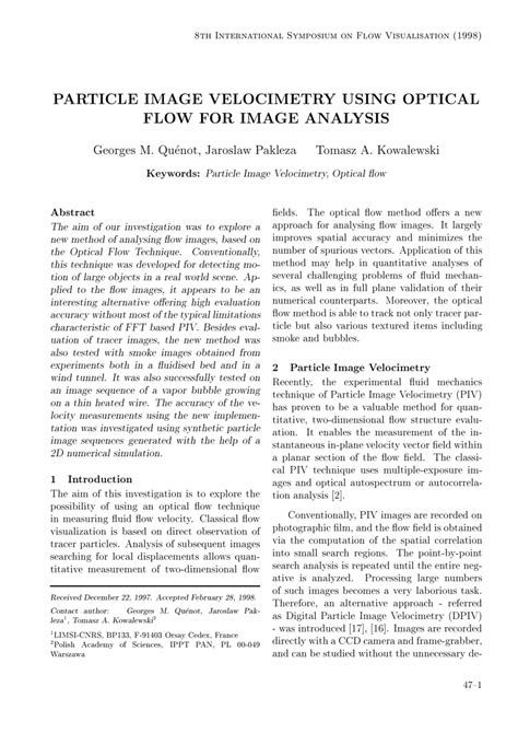 Pdf Particle Image Velocimetry Using Optical Flow For Image Analysis