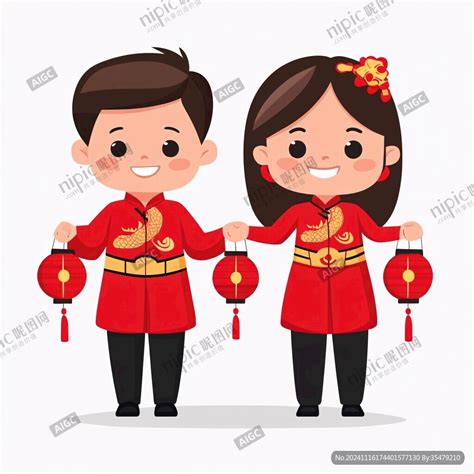 Ai创作图新年金童玉女人物 一对新春素材 新年情侣头像插画 新年拜年卡通人物 中式卡通新郎新娘新人 卡通中式新人 新年喜庆人物 喜庆卡通人物设计 男女拜年 卡通中式婚庆人物 拜年卡通人物 喜庆