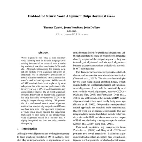 End To End Neural Word Alignment Outperforms Giza Acl Anthology