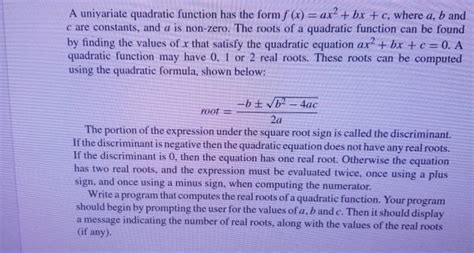 Solved A Univariate Quadratic Function Has The Form F X