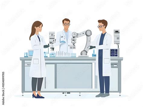 Flat Engineers Collaborating Robotic Arm Lab Wide Angle Shot Two Engineers Futuristic Lab