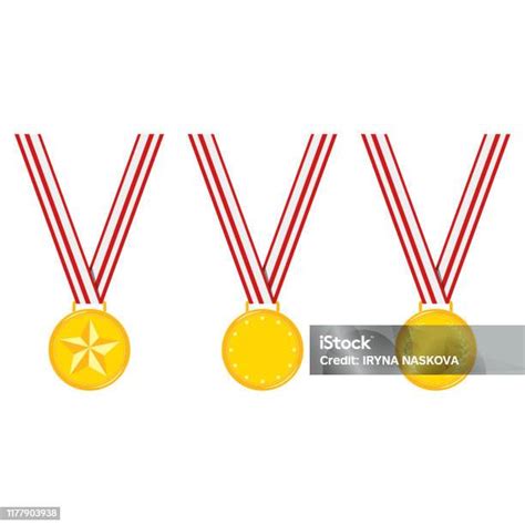 챔피언 다른 디자인 황금 메달 흰색 배경 벡터 평면 일러스트에 고립 된 빨간 리본 세트를 박탈 1위에 대한 스톡 벡터 아트 및 기타 이미지 Istock