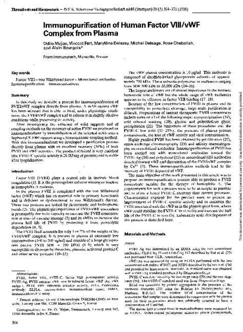 Pdf Immunopurification Of Human Factor Viiivwf Complex From Plasma