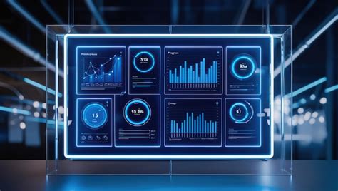 a futuristic digital display with glowing blue graphs and data