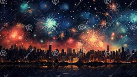 Fireworks In The City At Night Time Neural Network Ai Generated Stock