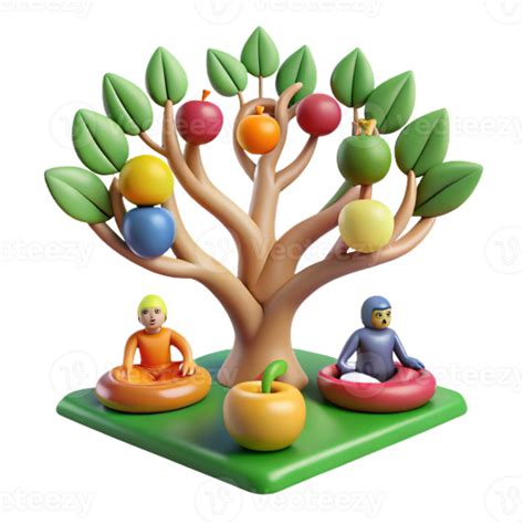 Colorful Fruit Tree With Playful Characters PNG