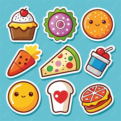 Premium Vector Cute Food Stickers With Smiling Faces On Blue Background