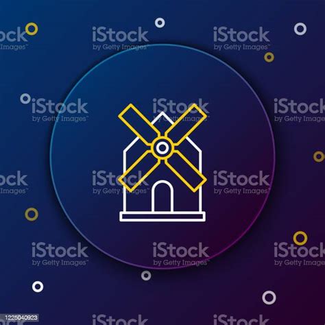 어두운 파란색 배경에 격리 된 흰색과 노란색 선 풍차 아이콘입니다 컬러풀한 아웃라인 컨셉 벡터 일러스트레이션 검은색에 대한 스톡 벡터 아트 및 기타 이미지 Istock