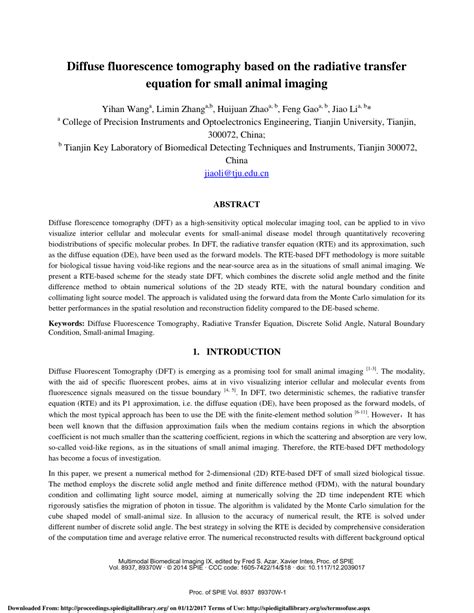 Pdf Diffuse Fluorescence Tomography Based On The Radiative Transfer