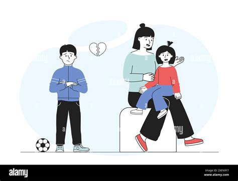 Attention Deficit Concept Son Looks Jealously At Mother With Her Daughter In Her Arms Bad