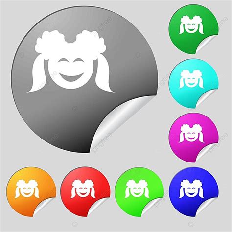 Vector Set Of Eight Multicolored Round Buttons And Stickers Featuring A Smiling Girl Icon Vector