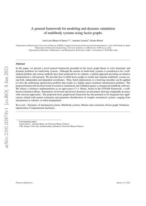 PDF A General Framework For Modeling And Dynamic Simulation Of Multibody Systems Using Factor