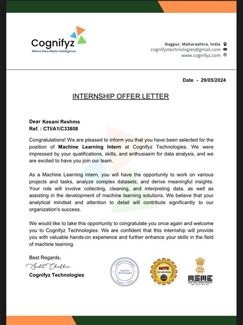 kesani reshma on linkedin machinelearning internship cognifyz