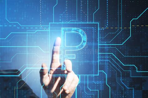Close Up Of Businessman Hand Pointing At Glowing Linear Ruble Hologram On Blurry Blue Background