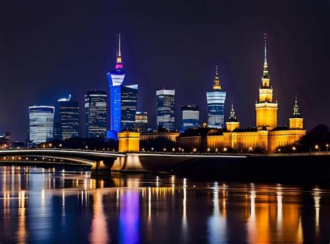 Panoramic View Of Warsaw City At Night Premium Ai Generated Image