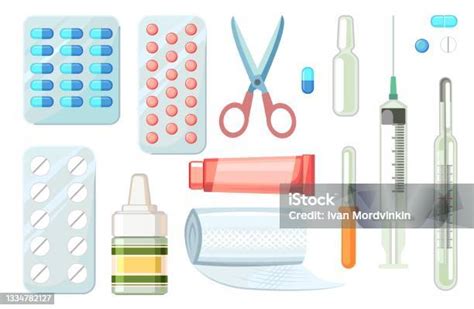 의약품 세트 알약 스프레이 붕대 연고 주사기 온도계 및 파이펫으로 그림 약용 약품 제약 구급차 약국 격리된 벡터 개념에 대한 스톡 벡터 아트 및 기타 이미지 Istock