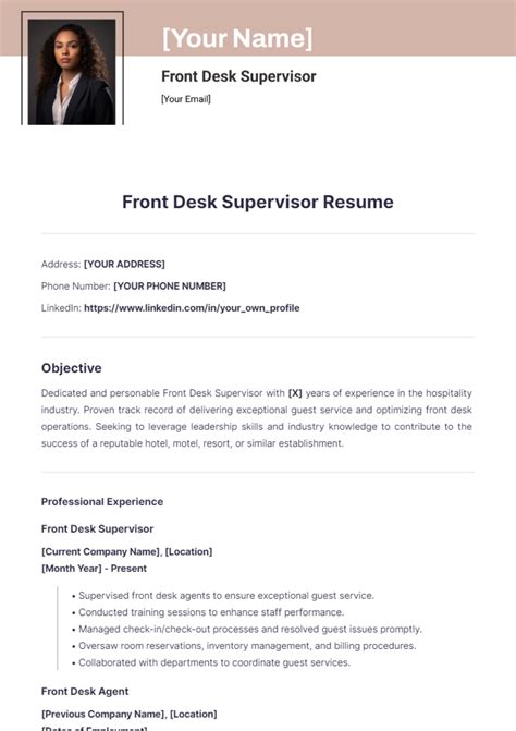 Free Front Desk Supervisor Resume Template Edit Online And Download