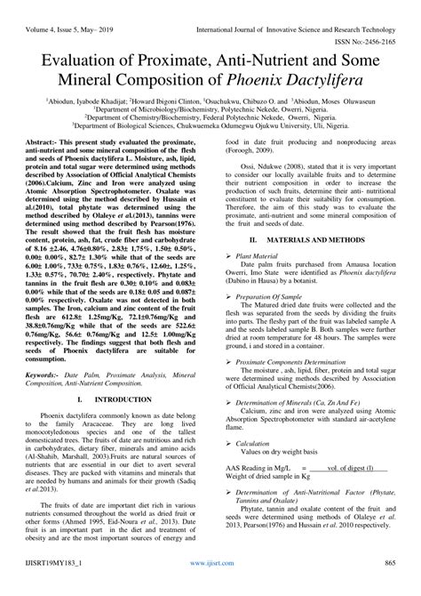 Pdf Evaluation Of Proximate Anti Nutrient And Some Mineral Composition Of Phoenix Dactylifera
