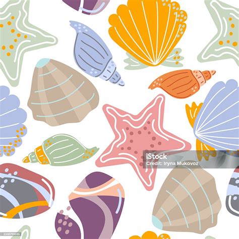 조개 불가사리 바다 자갈 완벽 한 패턴 생동감 넘치는 바다에서 영감을 받은 디자인 직물 벽지 포장지 및 해변을 테마로 한 프로젝트용 벡터 일러스트 레이 션 계절에 대한 스톡