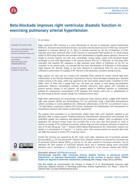 Pdf Beta Blockade Improves Right Ventricular Diastolic Function In Exercising Pulmonary