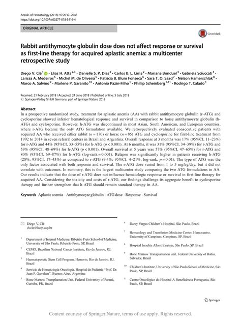 Rabbit Antithymocyte Globulin Dose Does Not Affect Response Or Survival As First Line Therapy