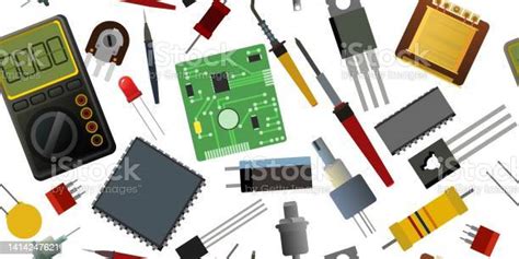 라디오 구성 요소 집합입니다 원활한 패턴 배경 이미지 무선 회로용 요소 흰색으로 격리된 개체입니다 전자 세부 사항 혼란에 흩어져있다 벡터 0명에 대한 스톡 벡터 아트 및