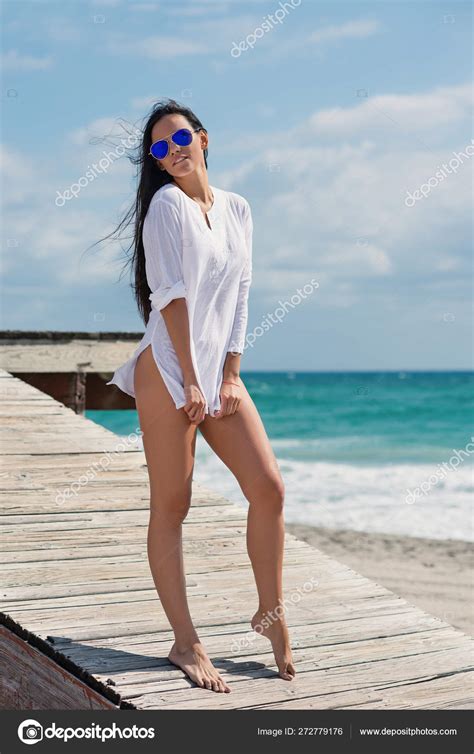 Beautiful Woman Full Body Portrait Standing Lifeguard Tower Hollywood