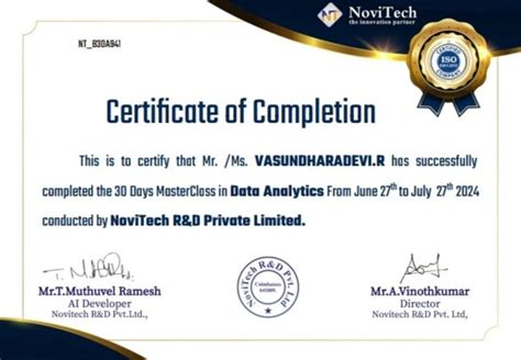 Finished Data Analytics Master Class At Novitech Vasundharadevi R