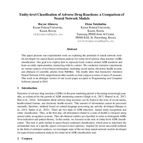 Entity Level Classification Of Adverse Drug Reactions A Comparison Of Neural Network Models