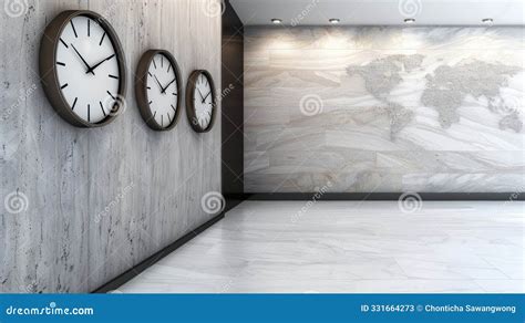 modern office lobby with world map on wall and three clocks showing different time zones