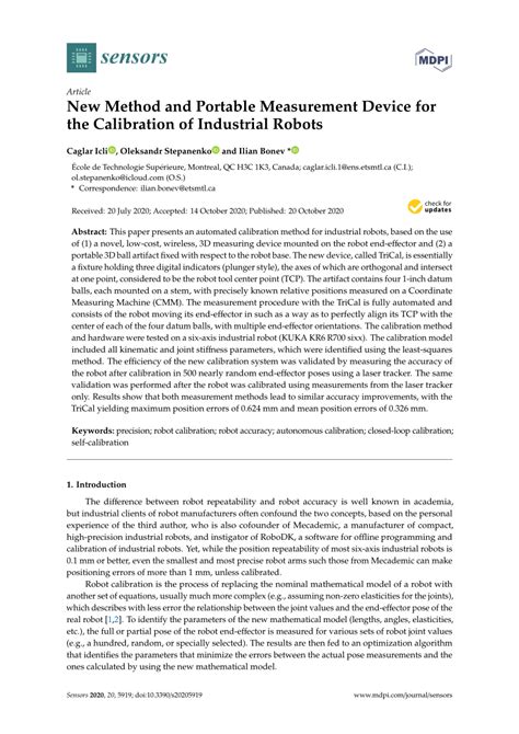 Pdf New Method And Portable Measurement Device For The Calibration Of Industrial Robots