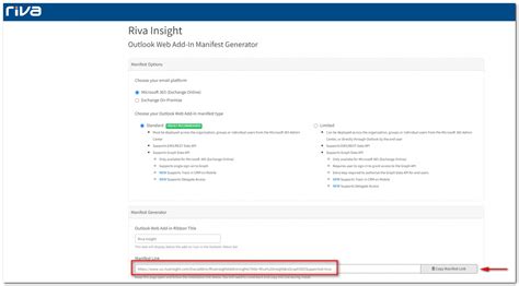 Riva Insight Manifest Generator To Obtain The Url To Install The Outlook Web Add In Riva