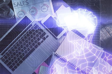 Premium Photo Ar Hologram Drawings Over Computer On The Desktop Background Top View Multi