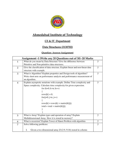 Data Structure Assignment Ahmedabad Institute Of Technology Ce And It