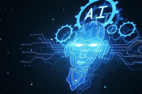 premium photo abstract glowing robot head and icons on dark blurry