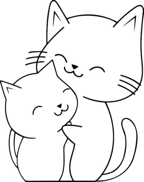 고양이와 새끼 고양이 벡터 그림 흑백 개요 고양이와 새끼 고양이 색칠하기 책 또는 어린이를 위한 페이지 프리미엄 벡터
