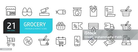 식료품 쇼핑 시장 음식과 관련된 라인 아이콘 집합입니다 개요 아이콘 컬렉션 편집 가능한 스트로크 벡터 일러스트 레이 션 건강한 식생활에 대한 스톡 벡터 아트 및 기타 이미지