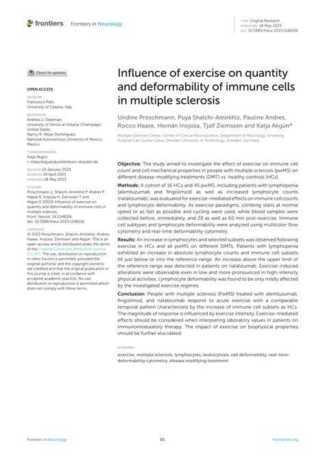 Pdf Influence Of Exercise On Quantity And Deformability Of Immune Cells In Multiple Sclerosis