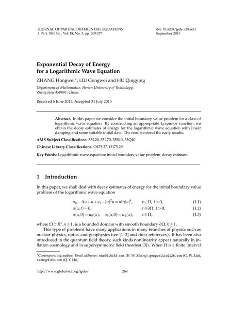 Global Science Press Exponential Decay Of Energy For A Logarithmic Wave Equation Global Science Press Exponential Decay Of Energy For A Logarithmic Wave Equation