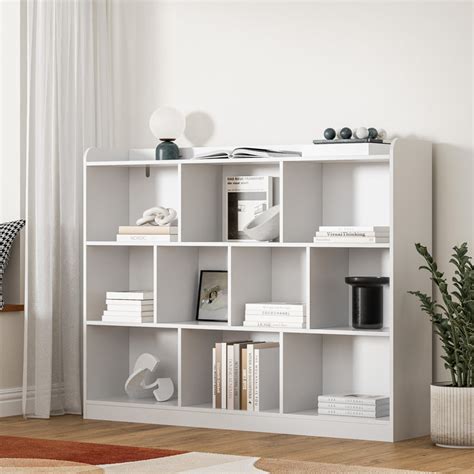 Ebern Designs White Cube Bookshelf Wood Bookcase With 3 Tier Open Shelves 10 Cube Minimalist