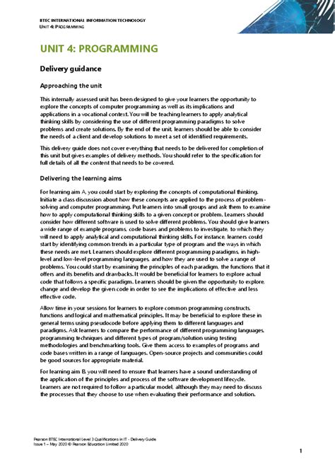 Btec 2020 L3 Int It Dg U4 V1 Unit 4 Programming Pearson Btec