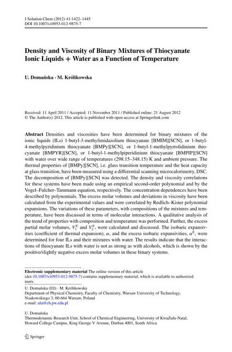 Pdf Density And Viscosity Of Binary Mixtures Of Thiocyanate