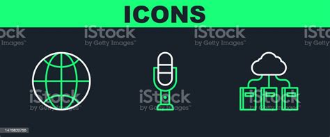 라인 클라우드 또는 온라인 라이브러리 소셜 네트워크 및 마이크 아이콘을 설정합니다 벡터 개념에 대한 스톡 벡터 아트 및 기타 이미지 개념 교육 녹음 장비 Istock
