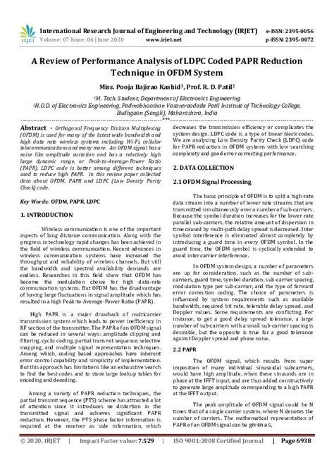 Pdf Irjet A Review Of Performance Analysis Of Ldpc Coded Papr Reduction Technique In Ofdm System