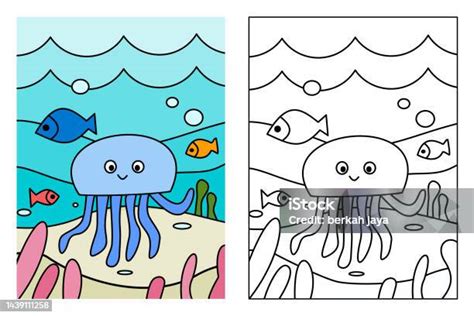 해파리와 심해 색칠하기 아이들을 위한 그림 그리기 교육 색칠하기 책에 대 한 판타지 테마의 간단한 만화 그림 귀여운에 대한 스톡 벡터 아트 및 기타 이미지 Istock