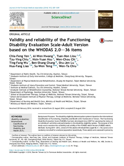 Pdf Validity And Reliability Of The Functioning Disability Evaluation Scale Adult Version