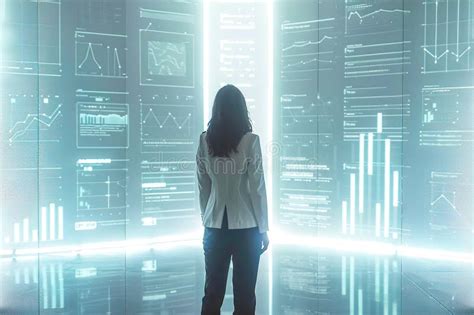 Businesswoman Analyzing Futuristic Data Graphics On An Interactive Wall