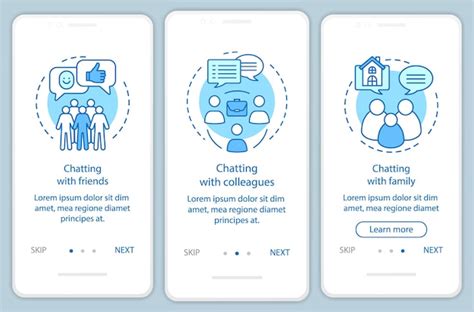 모바일 앱 페이지 화면 벡터 템플릿을 온보딩하는 사람들과 채팅합니다 친구 가족 동료는 선형 삽화로 웹 사이트 단계를 안내합니다 Ux Ui Gui 스마트폰