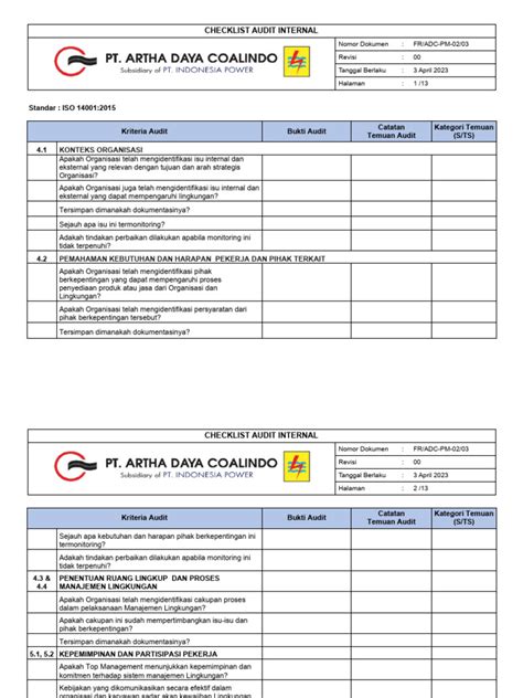 Checklist Audit Internal Iso 14001 Pdf