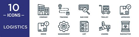 물류 개요 아이콘 세트에는 얇은 라인 회사 바코드 승인 관리 로딩 방사성 보고서 프리젠 테이션 다이어그램 웹 디자인 오류 아이콘이 포함됩니다 0명에 대한 스톡 벡터 아트 및
